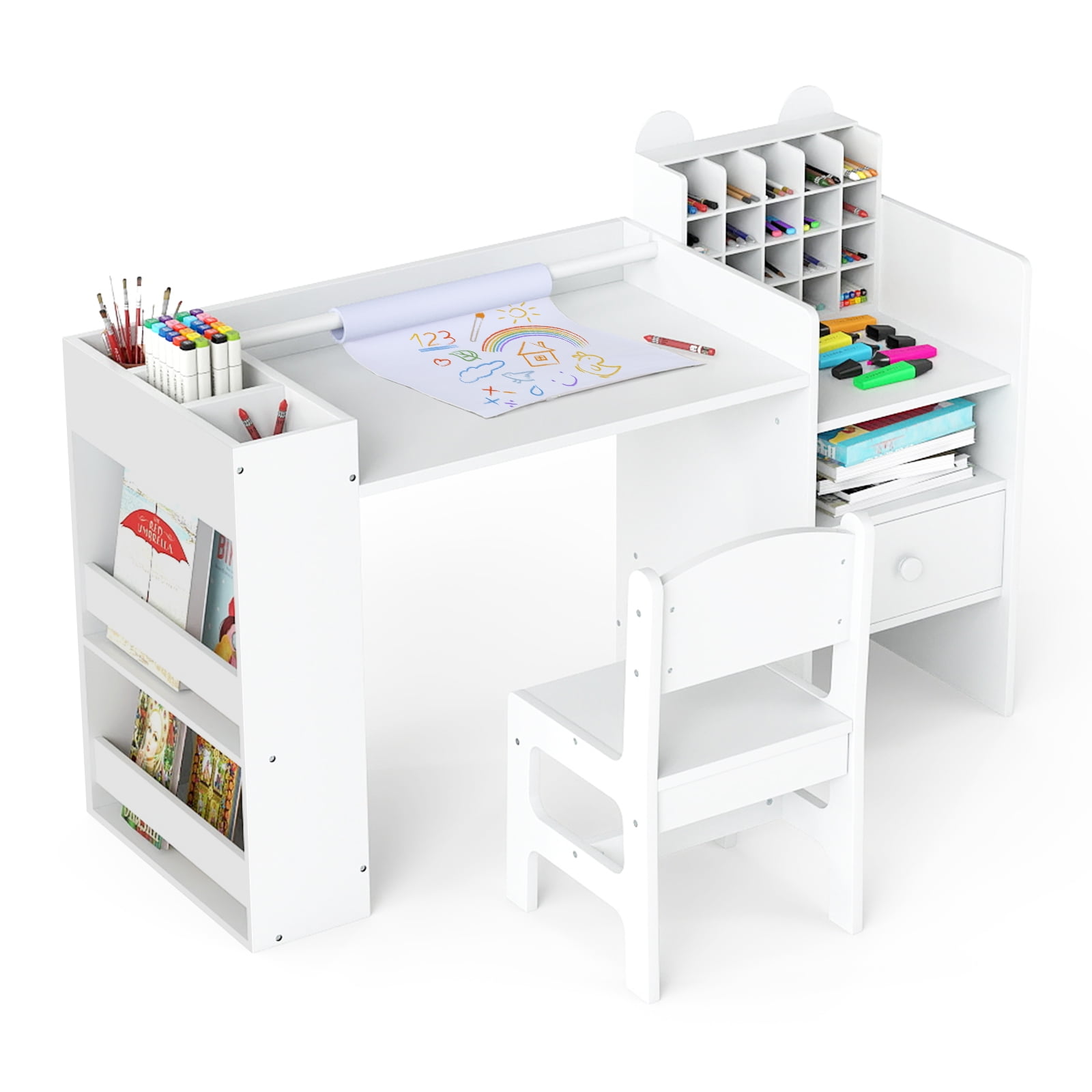 INFANS Kids Study Desk and Chair Set, Wooden Learning Table with ...
