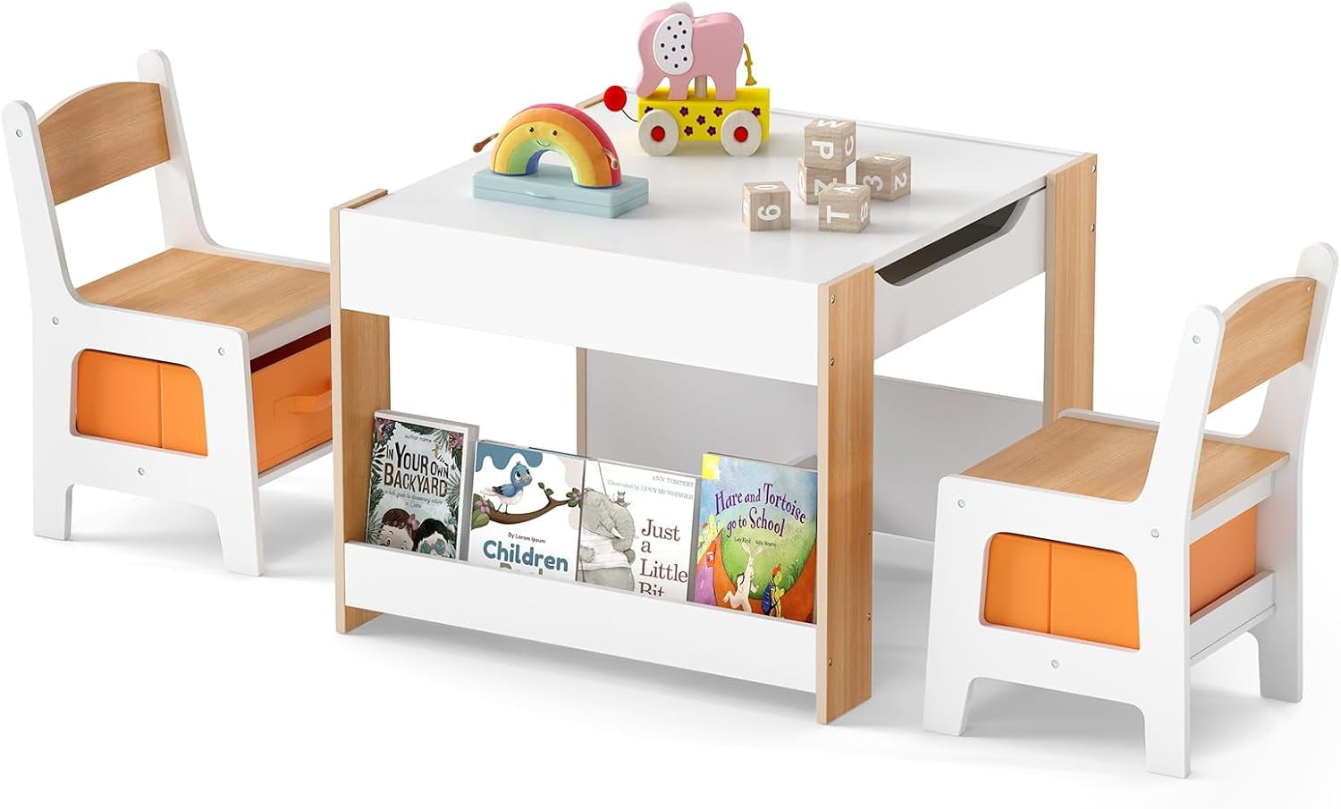 INFANS Kids Table and Chair Set, 4 in 1 Building Block Wooden Activity ...