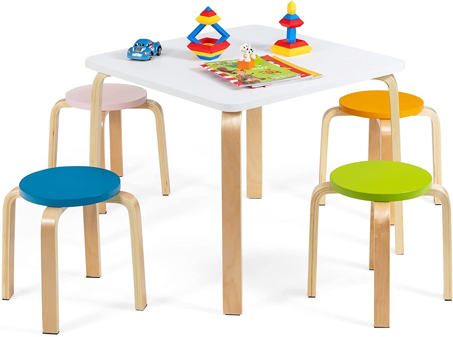 INFANS Kids Table and Stool Set, 5-Piece Activity Table with 4 Stools ...