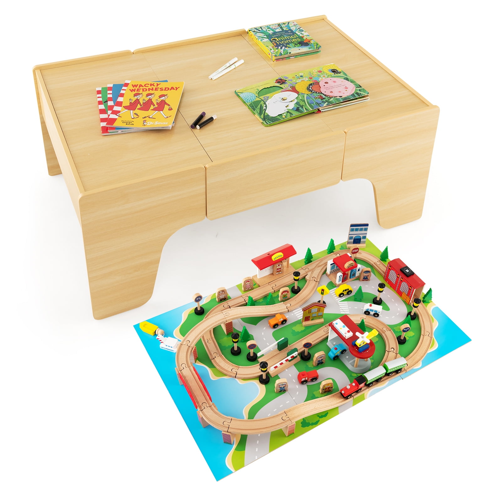 INFANS 84-Piece Kids Train Table Playset with Storage, Reversible Top ...
