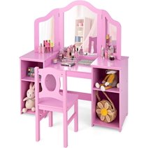 Ktaxon Kids Vanity Wooden Makeup Table Set for Girls Princess Pretend ...
