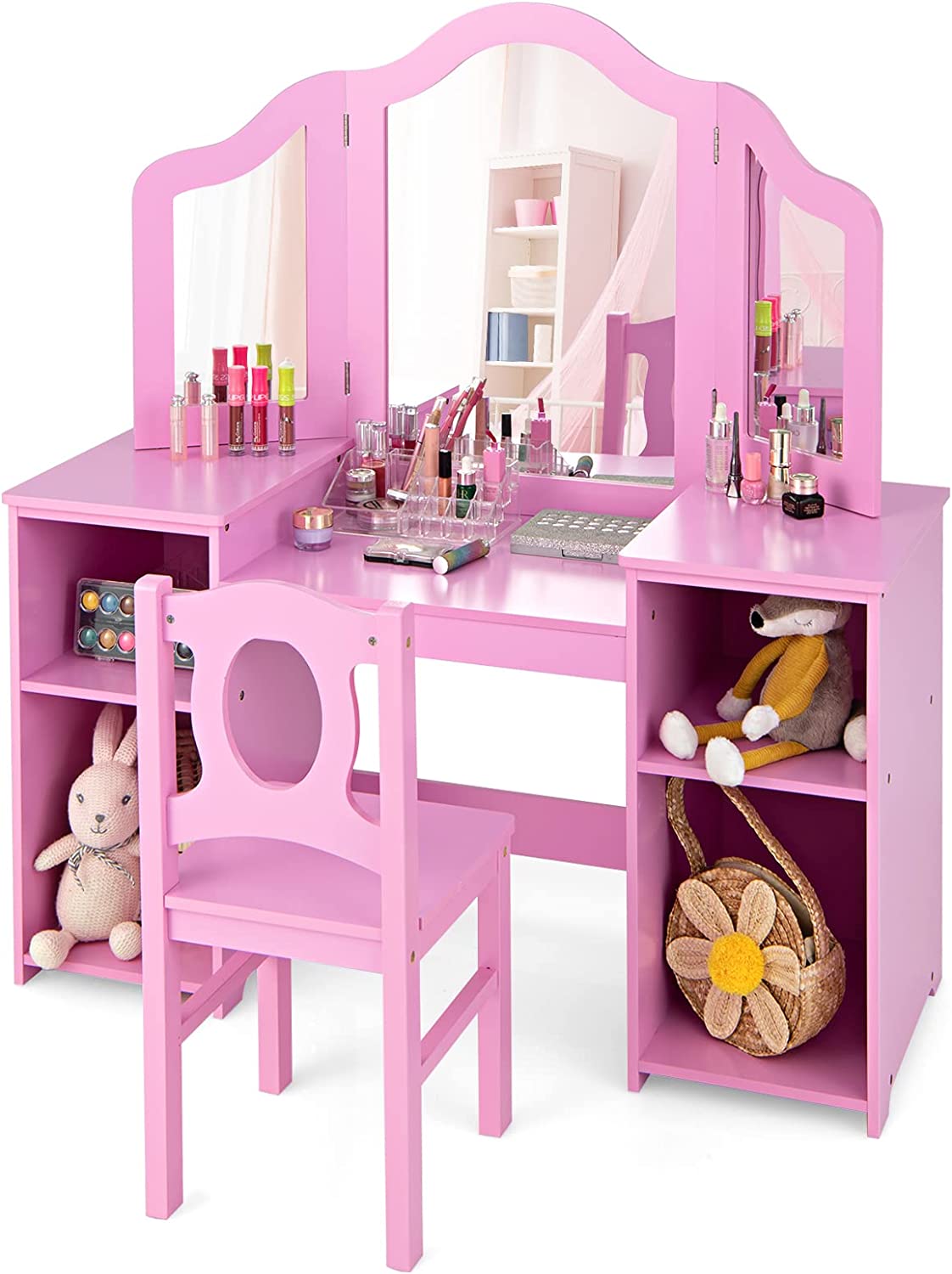 Ktaxon Kids Vanity Wooden Makeup Table Set for Girls Princess Pretend ...