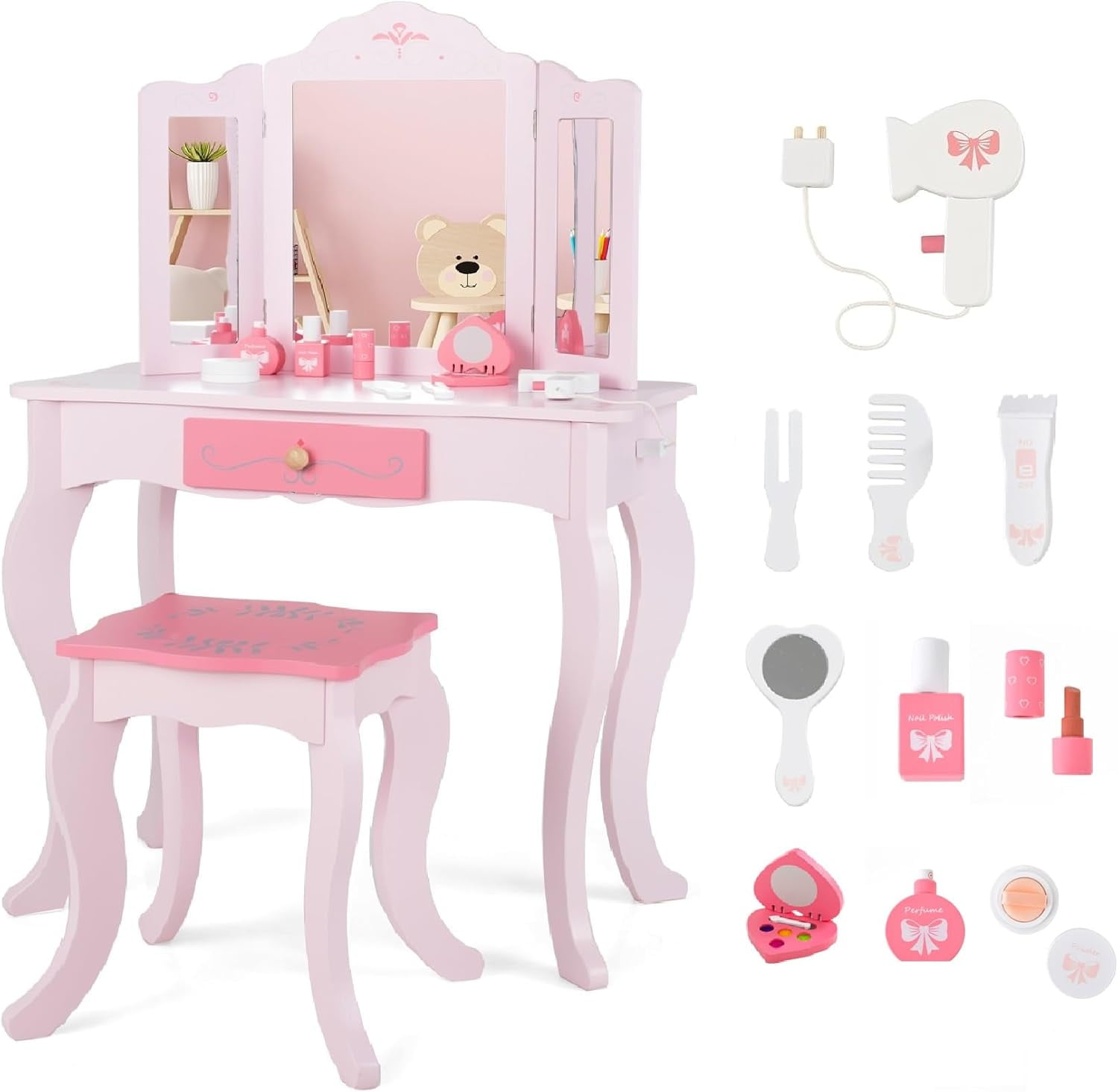 INFANS Kids Vanity, 2 in 1 Princess Makeup Table and Chair Set with Tri ...