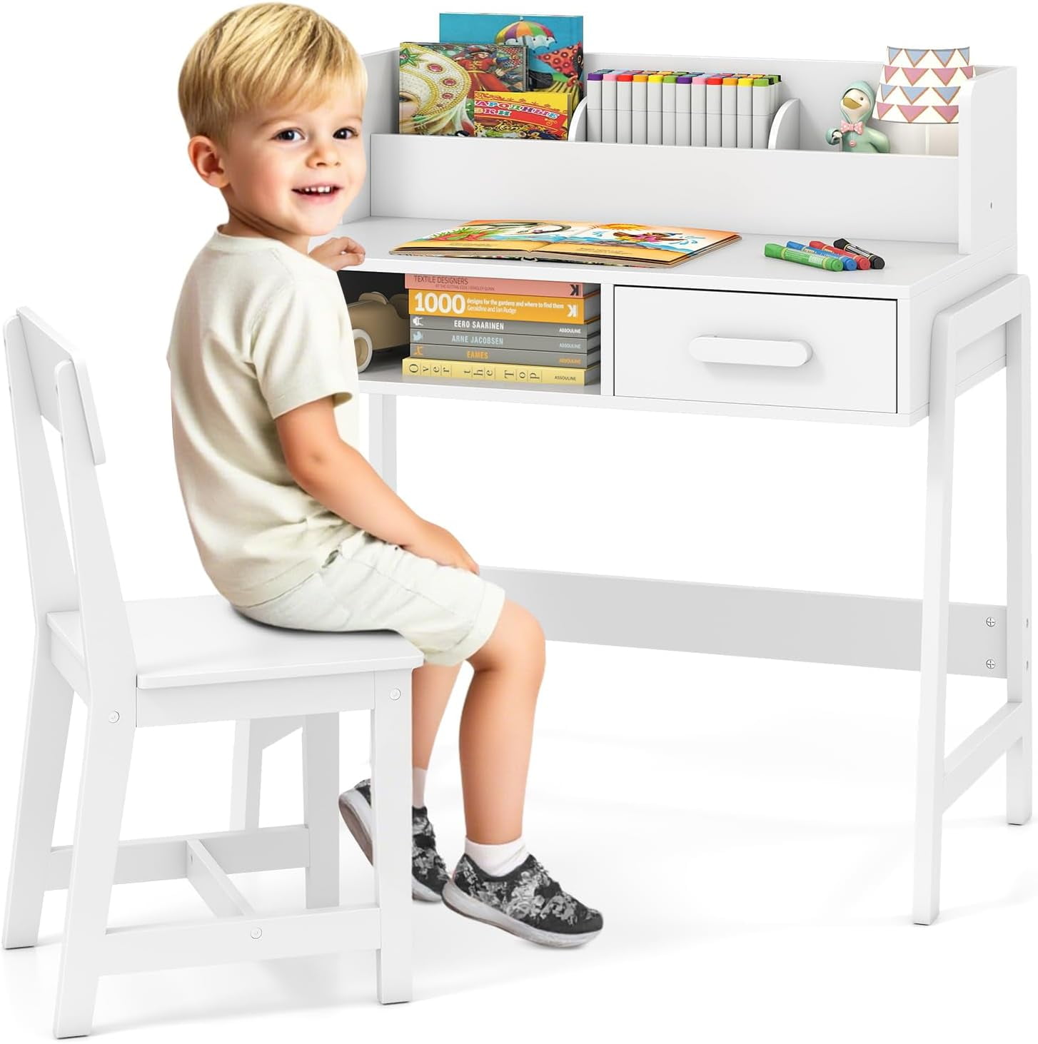 INFANS Table and Chair Set, Toddler Wooden Student Study Desk with ...
