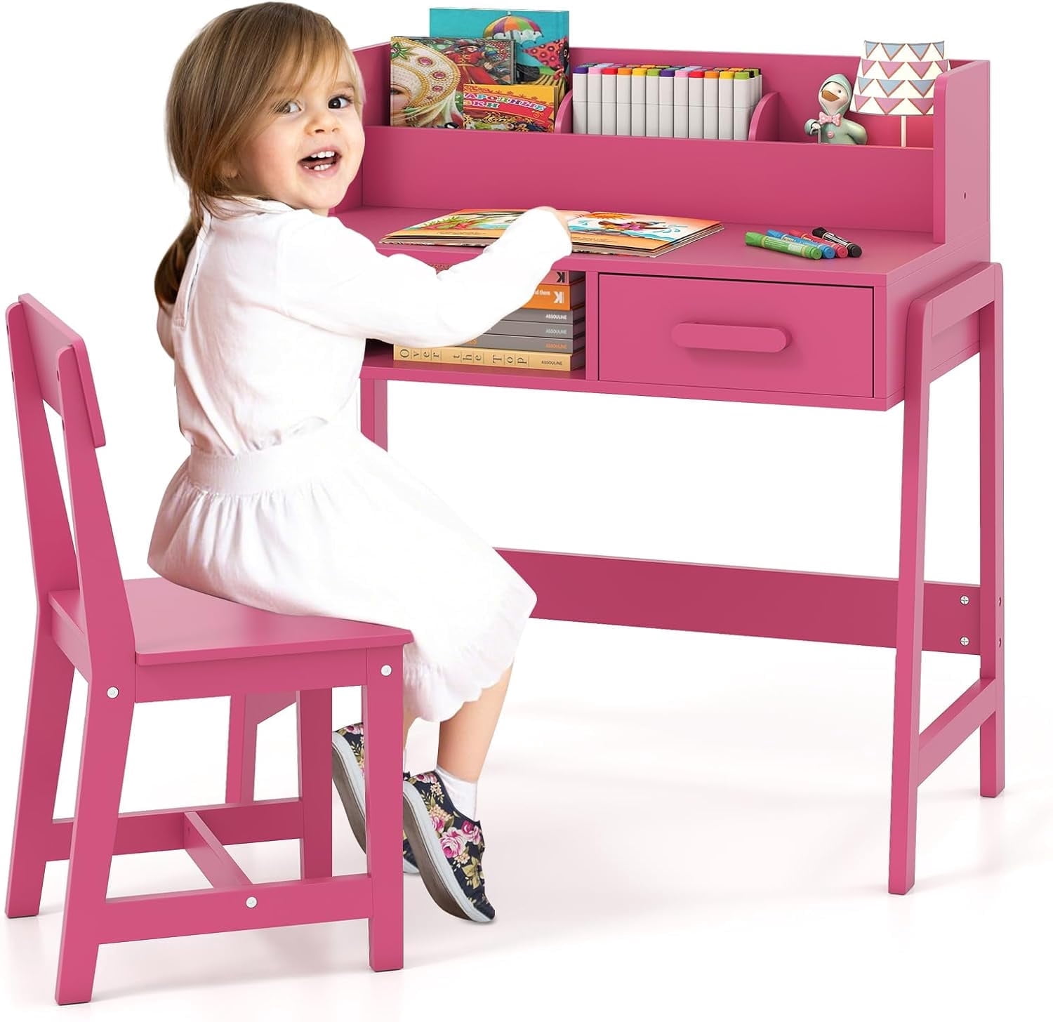 INFANS Table and Chair Set, Toddler Wooden Student Study Desk with ...