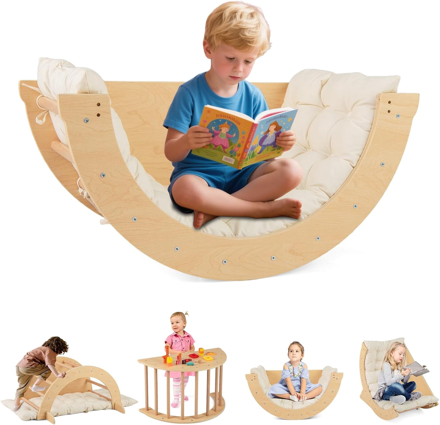 INFANS Wooden Arch Climber Rocker with Cushion, 6 in 1 Montessori ...