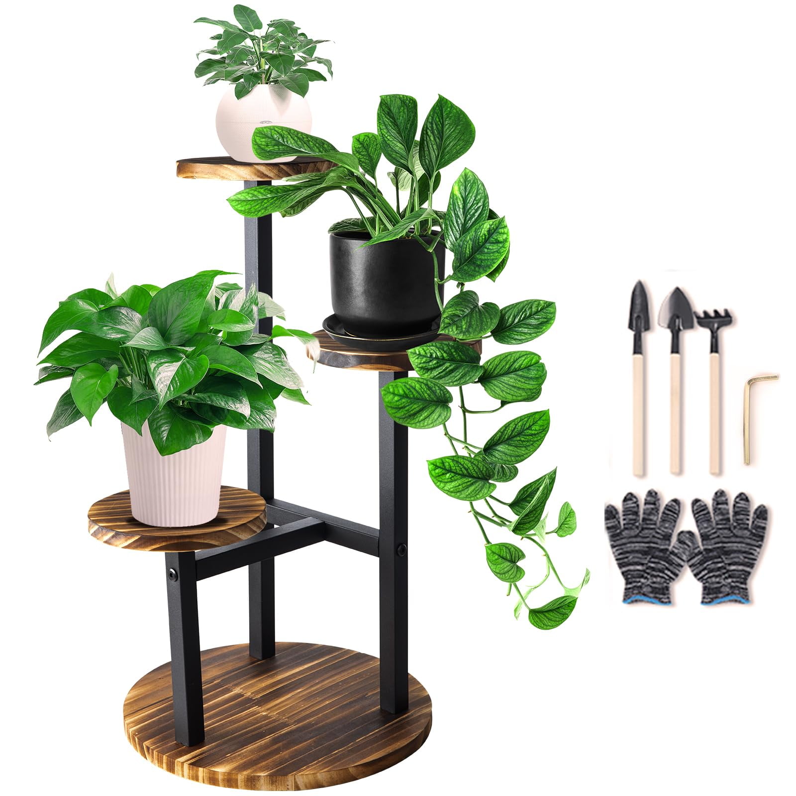 INFTYLE 3 Tiered Plant Stand for Indoor,Metal Wood Shelf Holder for ...