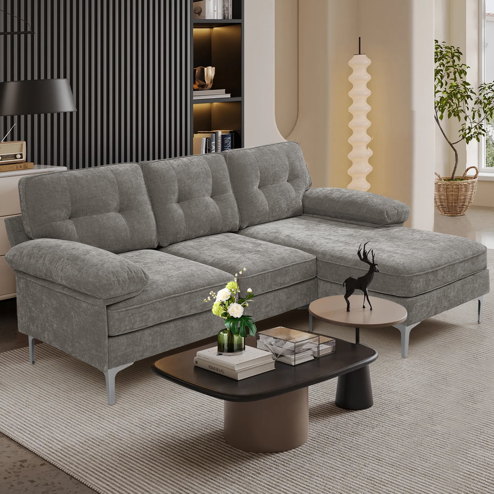 Zimtown Sectional Sofa with Ottoman, L Shaped Convertible Couch with Removable Chaise Chenille ...