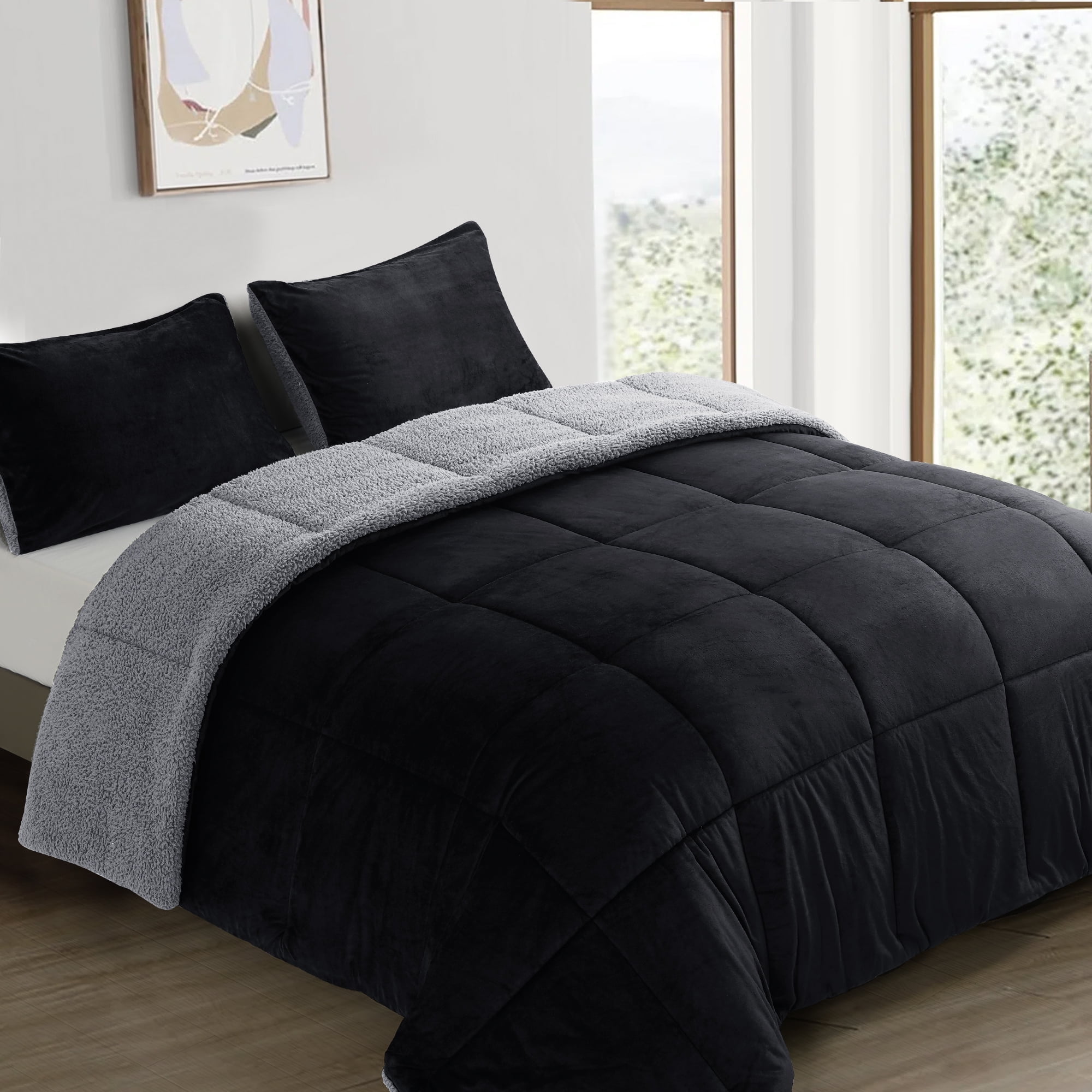 INGALIK Queen Sherpa Comforter Set, Soft Quilted Down Alternative ...