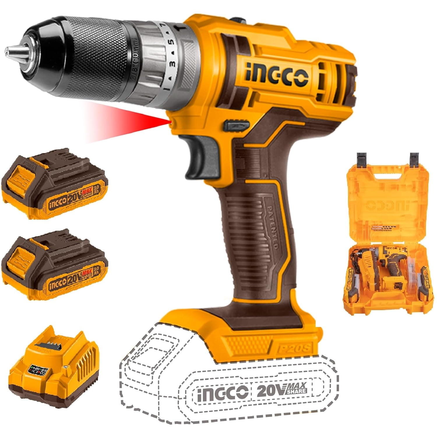INGCO 20V Impact Drill Machineswith 47 pcs Drill Bits Autolock Keyless Chuck Spindle Lock ...