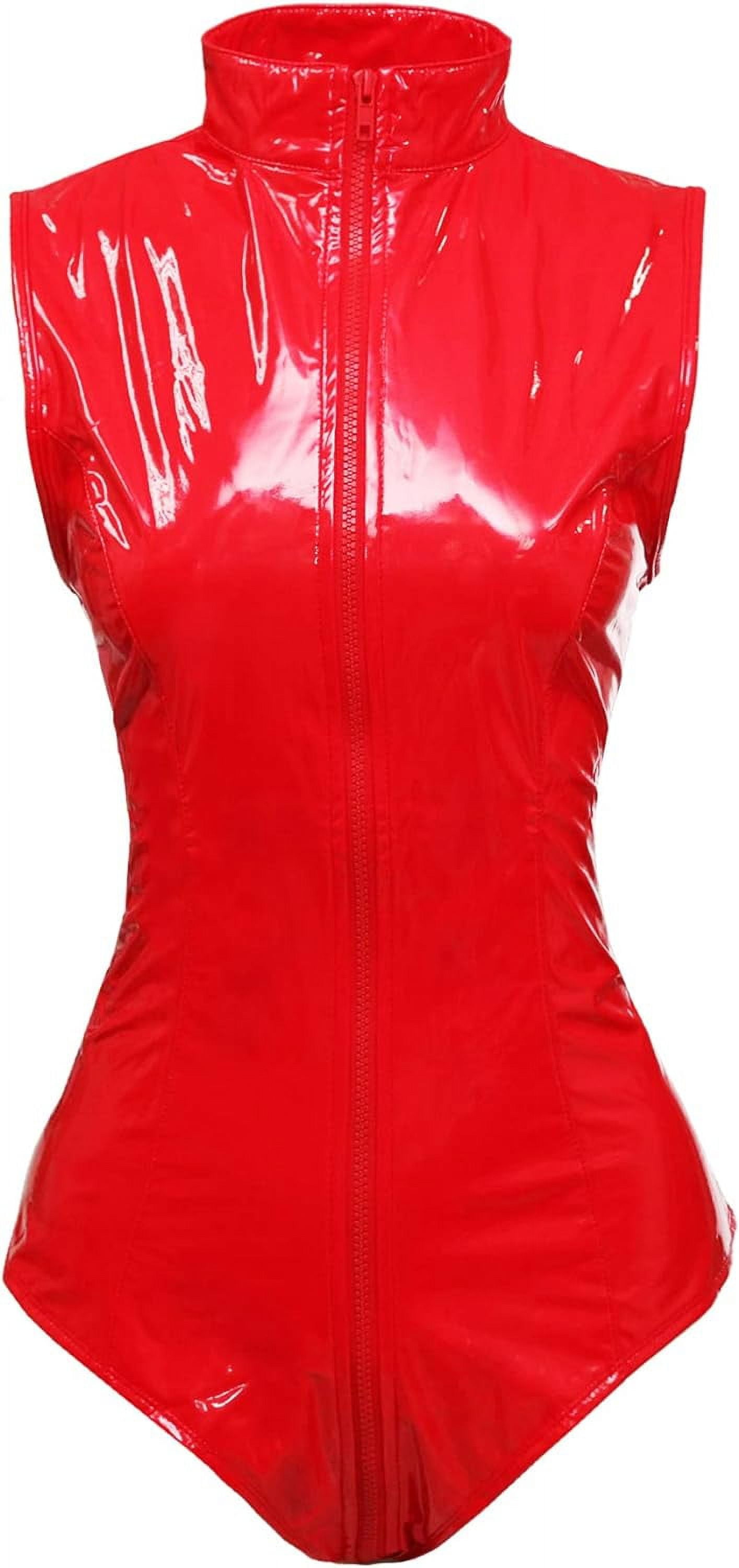 Ingerie Sexy Wet Look Pvc Zip Up Clubwear Bodysuit Teddy Red Xx Large