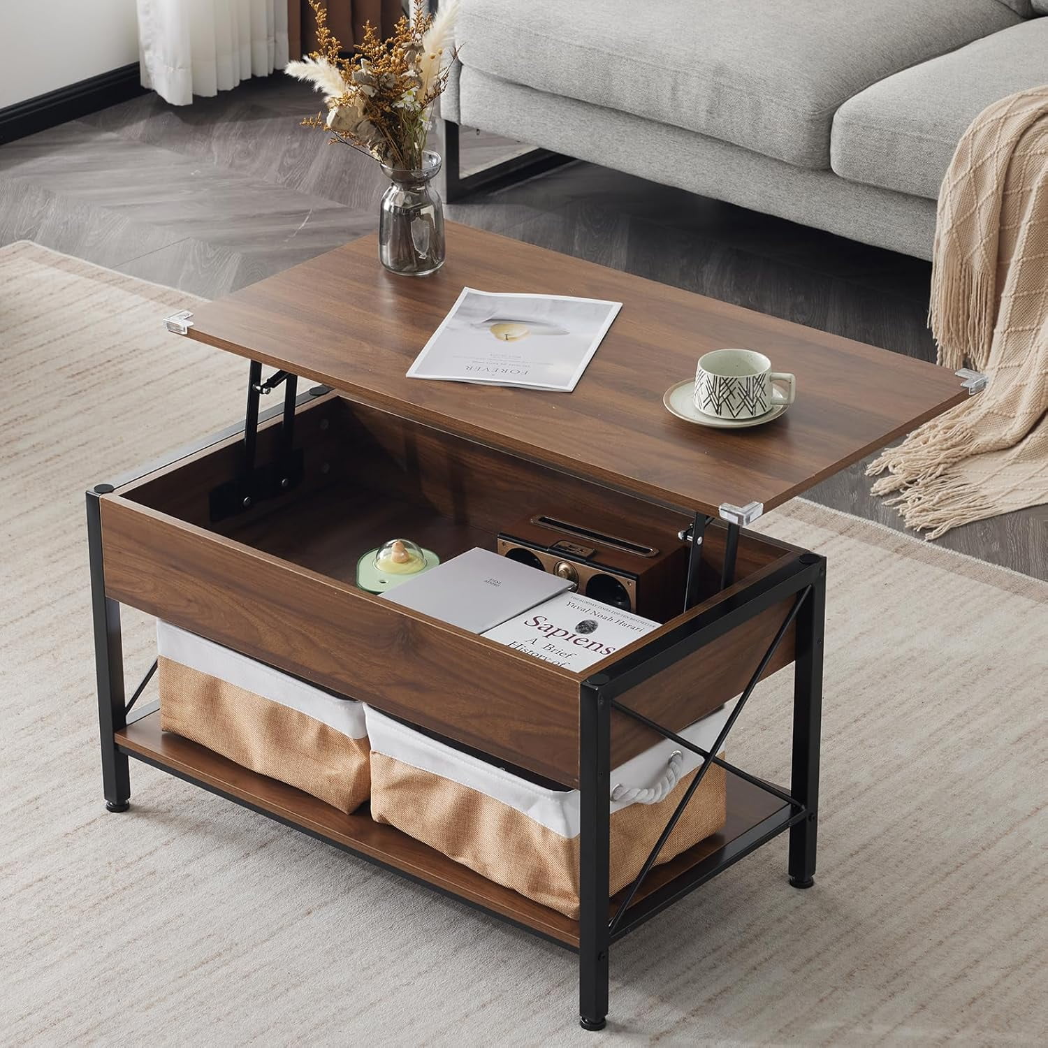 INGLI 36" Lift Top Coffee Table with Storage, Rustic Espresso Coffee ...