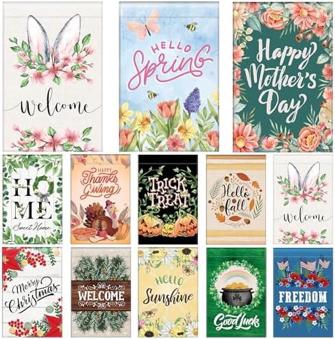INGRAINED HOME SEASONAL FLAGS 12x18 Double Sided, 12 Set Garden Flags ...