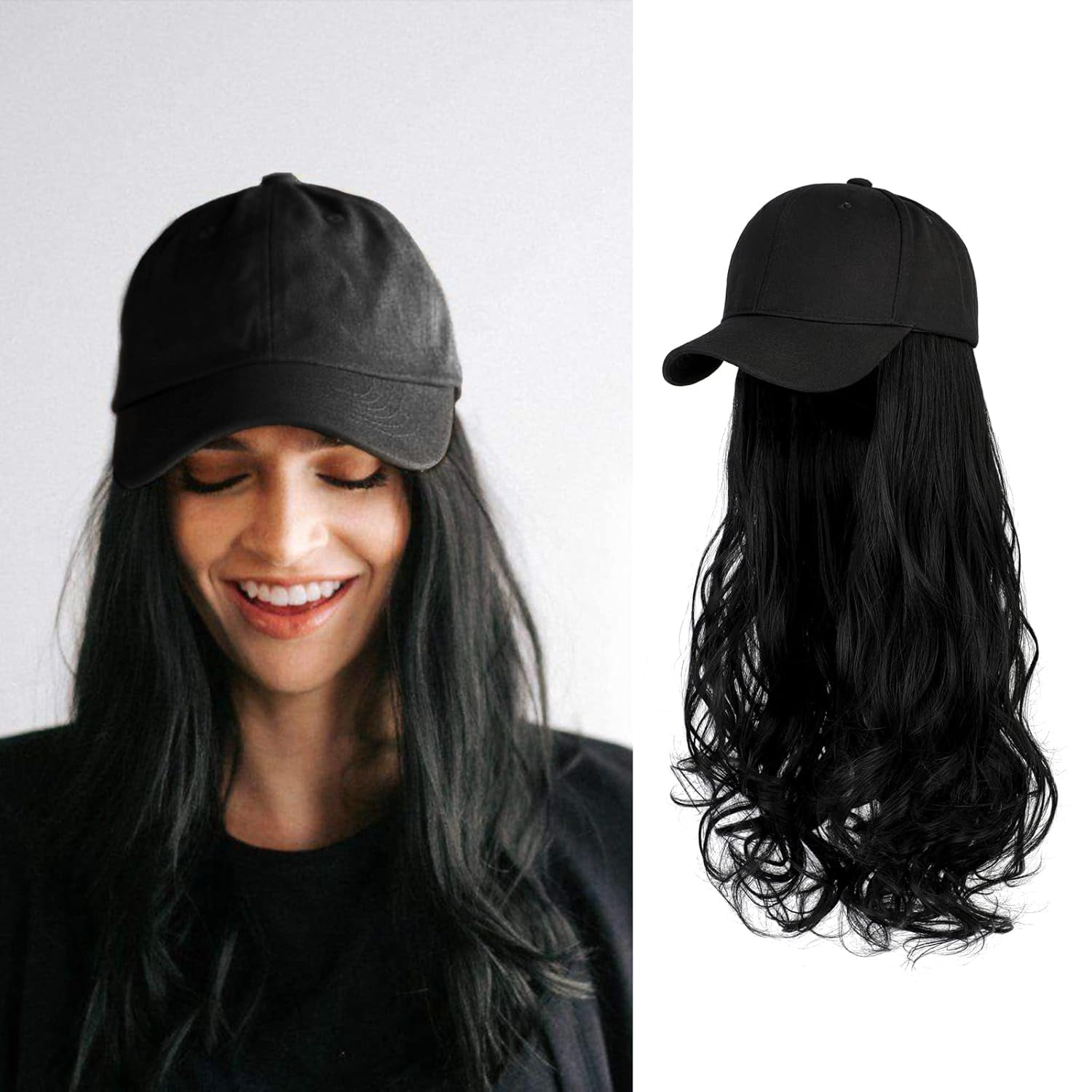 INHEAVEN Baseball Cap with Short Bob Wig 10 INCH Black Straight Hair ...