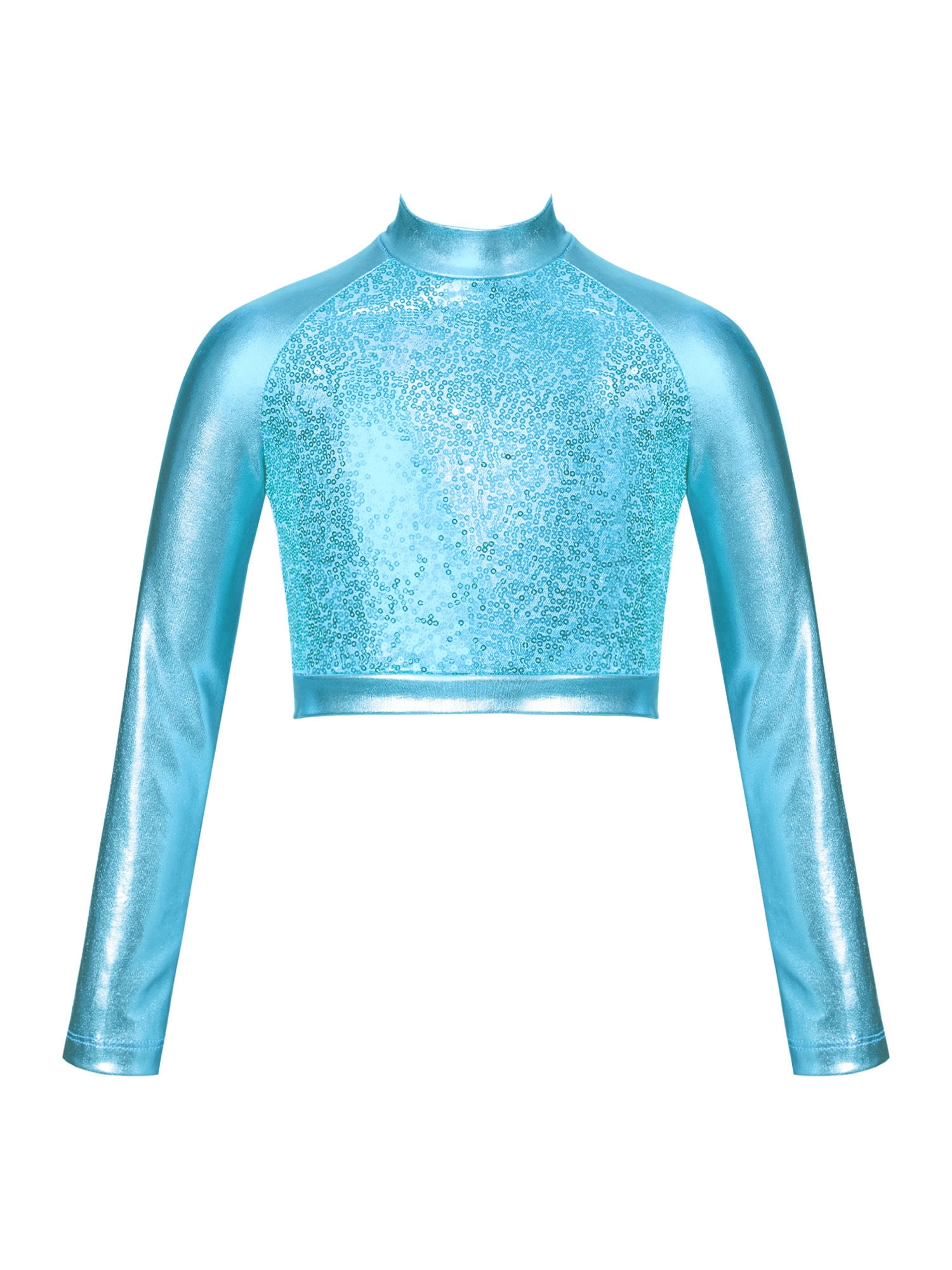 INHZOY Kids Girls Long Sleeves Crop Tops Shiny Metallic Turtleneck Tops ...