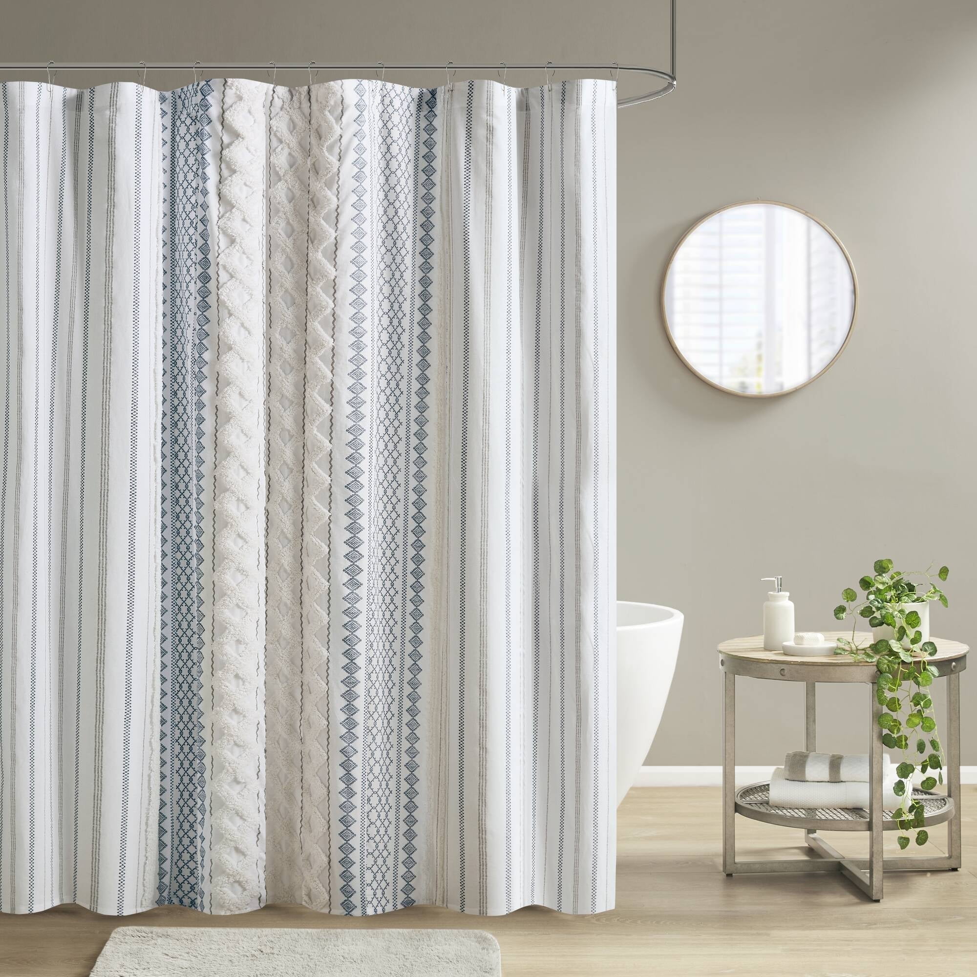 INK+IVY Imani Cotton Shower Curtains, Printed with Chenille, White/Navy ...