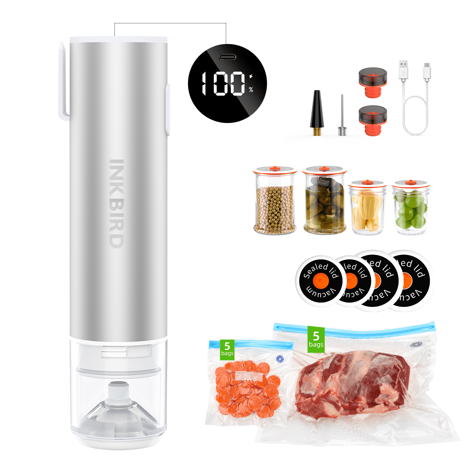 INKBIRD KZ-100 Handheld Vacuum Sealers, Silver with Removable Water ...
