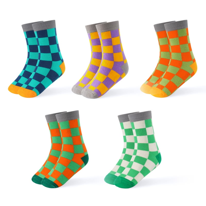 INNERSY Kids Cotton Crew Socks, Colorful Checkered Patterns, Thin ...