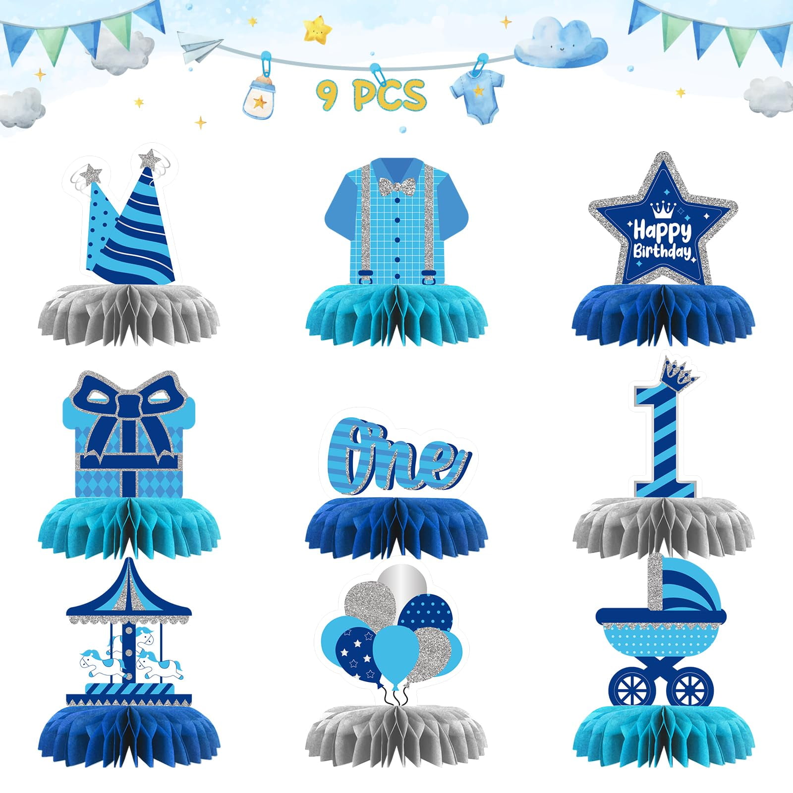INNORU Boy 1st Birthday Table Honeycomb Centerpieces, One Birthday ...