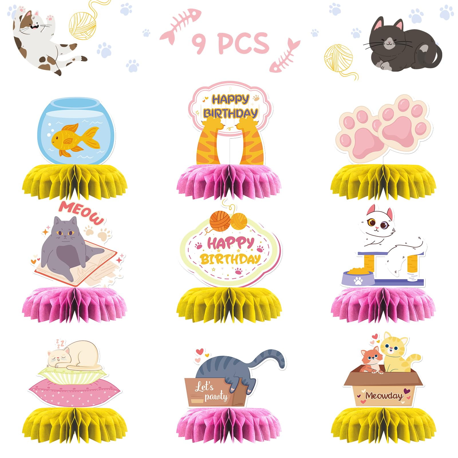 INNORU Cat Birthday Table Honeycomb Centerpieces, Kids Kitten Girls ...