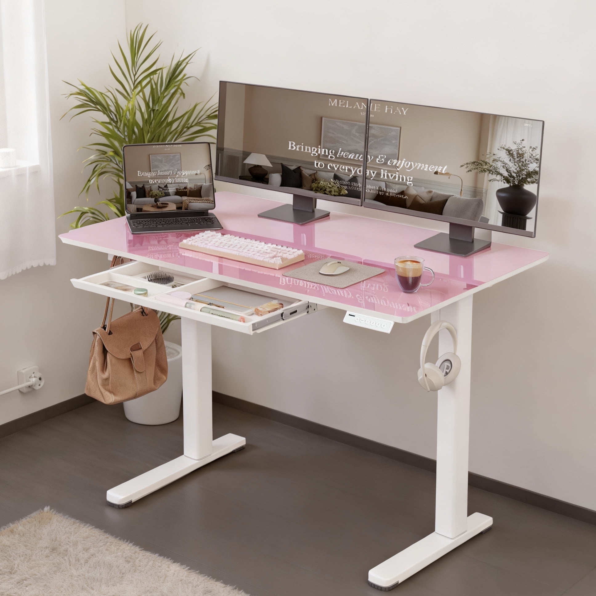 INNOVAR 55 inch Electric Glass Top Home Office Sit Stand Desks with 1 ...