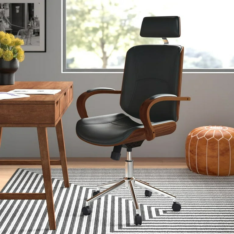 IDS Home High Back Ergonomic Office Task Chair with Height Adjustable Headrest Armrest Lumbar Support Walnut Bentwood with Black Faux Leather