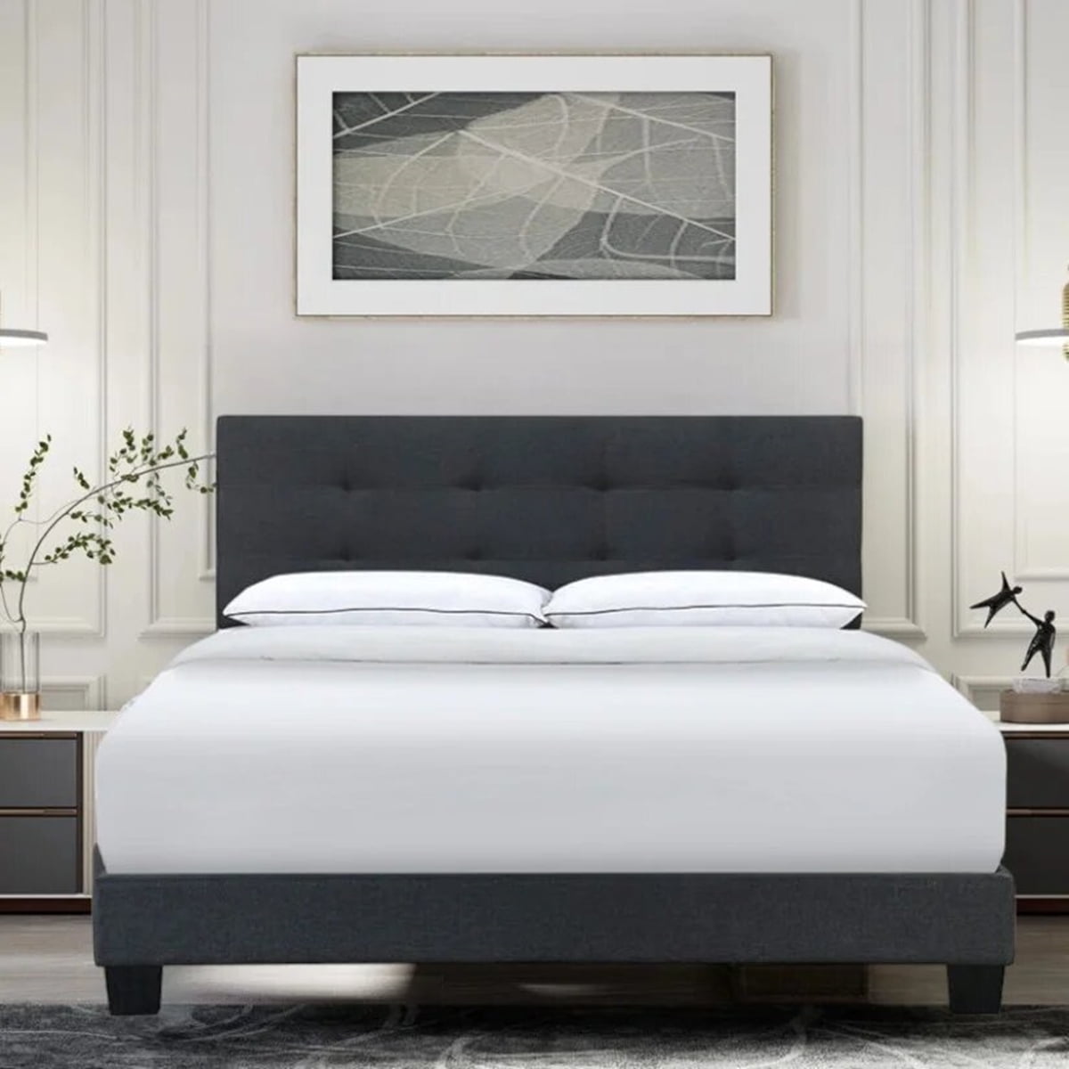 INO Design Modern Queen Platform Bed Frame with Tufted Upholstered ...