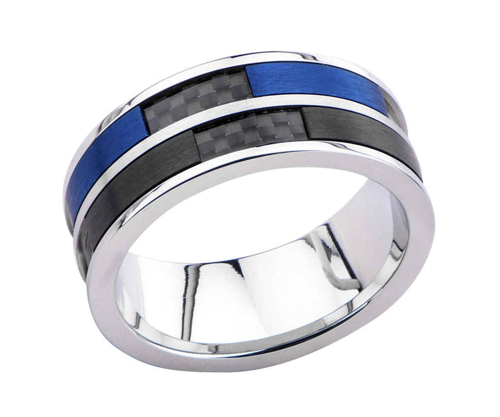 INOX Jewelry Men's Stainless Steel Black and Blue IP with Black Carbon ...