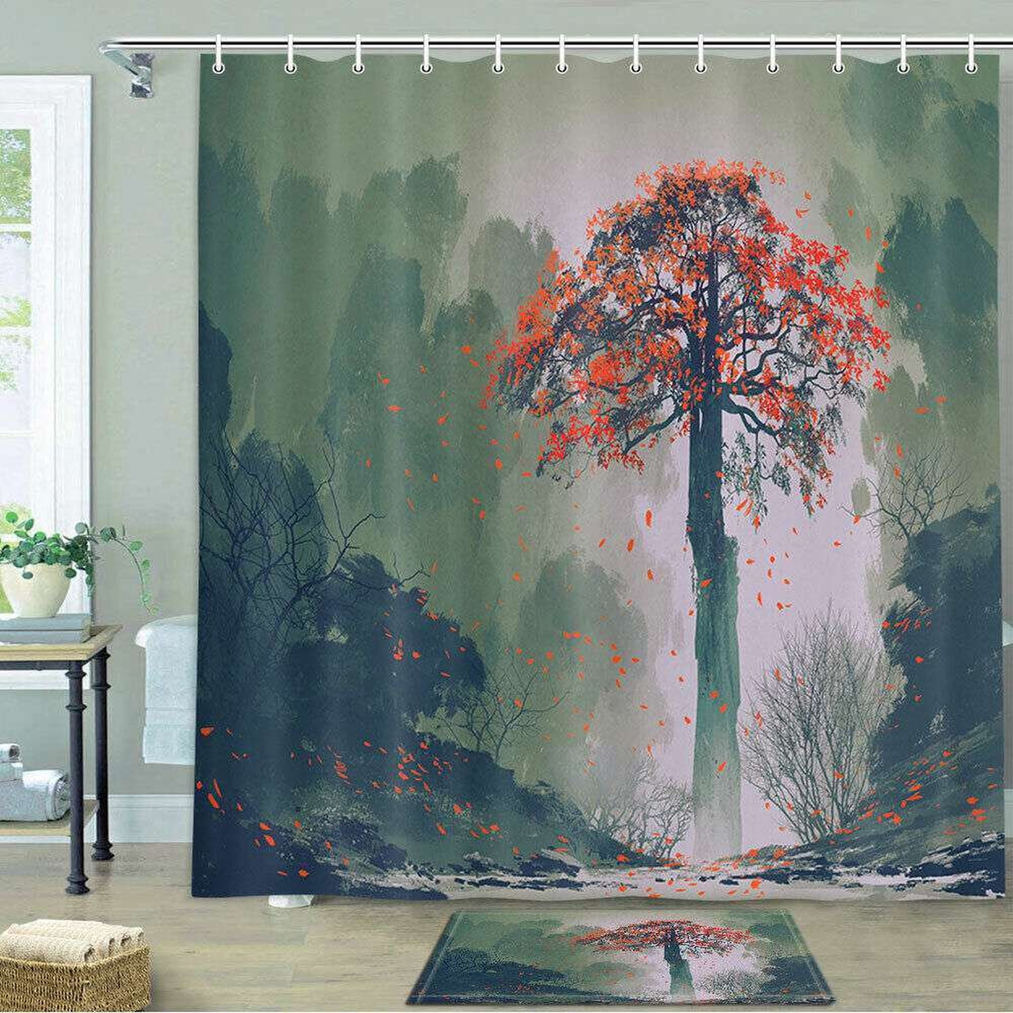 Inpercust Japanese Nature Art Decor Shower Curtain And Rug In Gothic