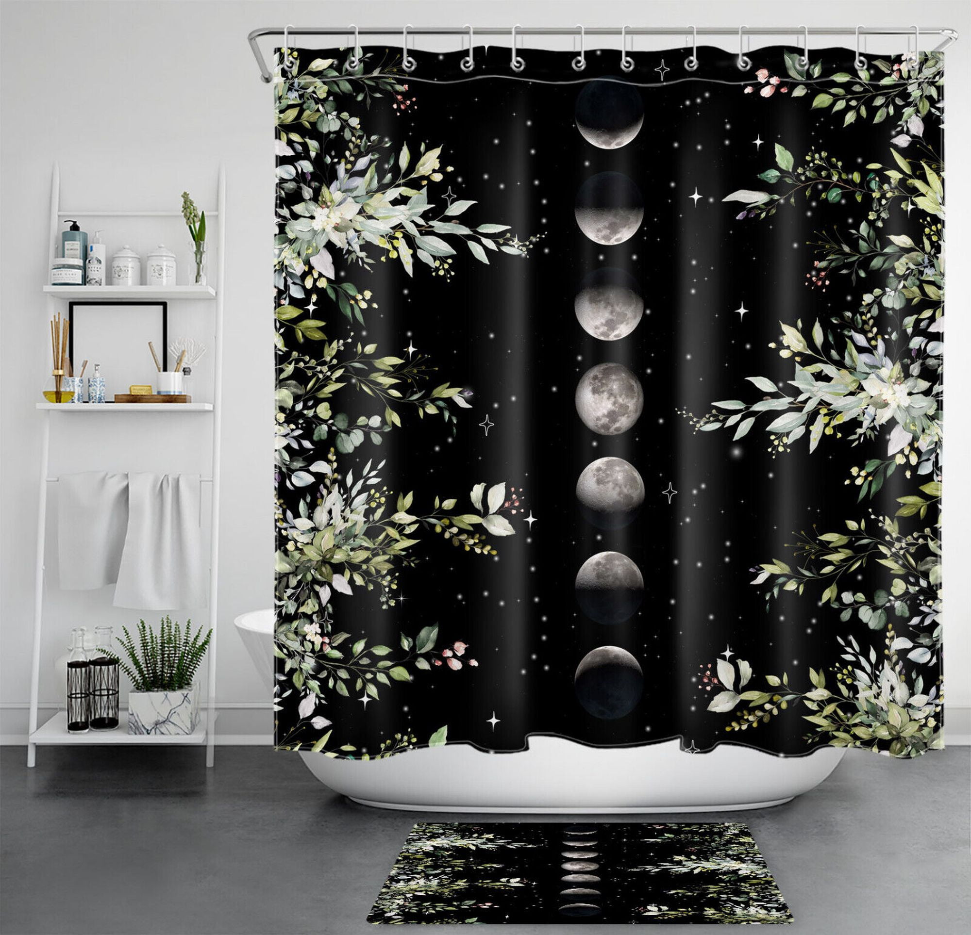Inpercust Nature Inspired Leaf Moon Phase Starry Sky Shower Curtain For