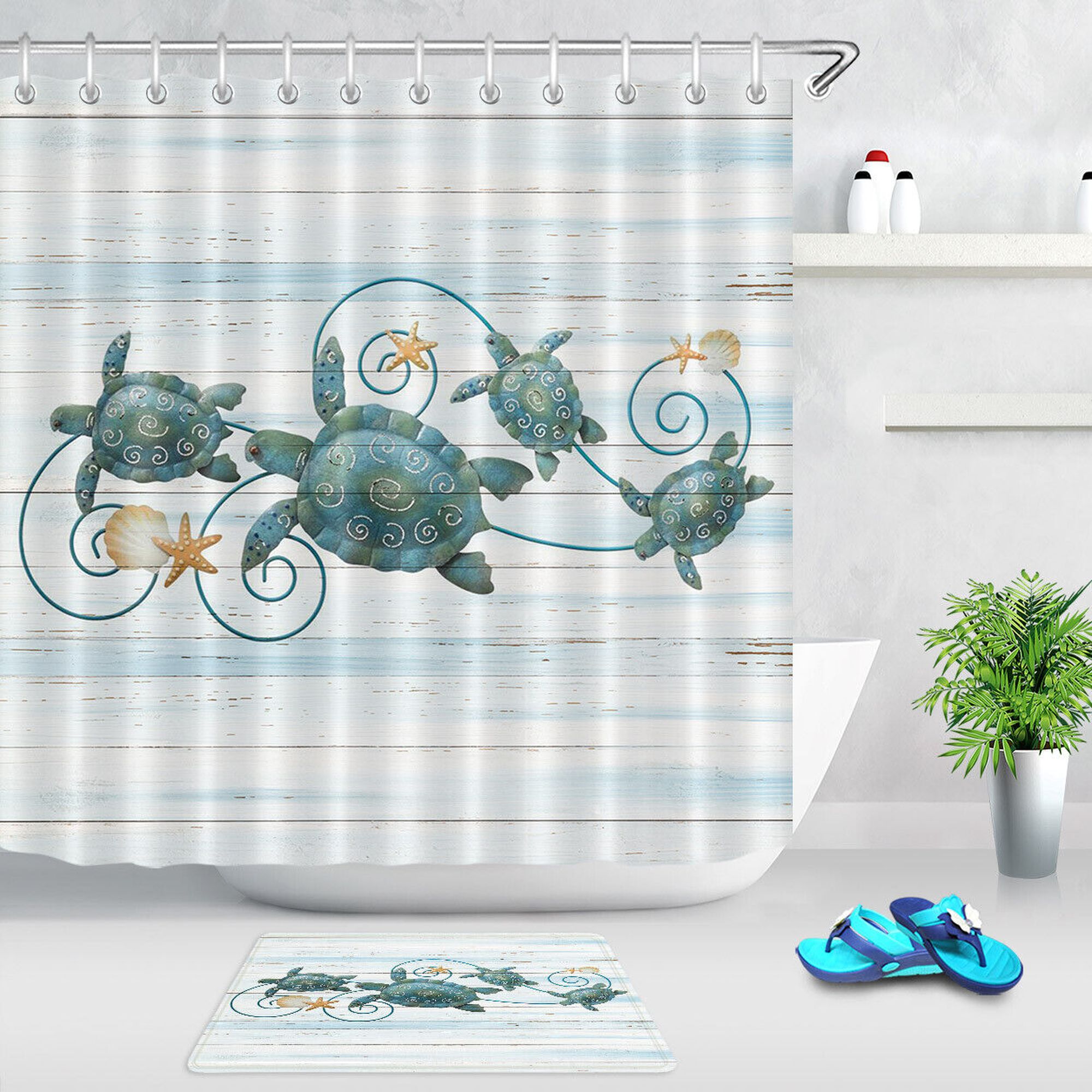 Inpercust Oceanic Watercolor Sea Turtles Coastal Shower Curtain With