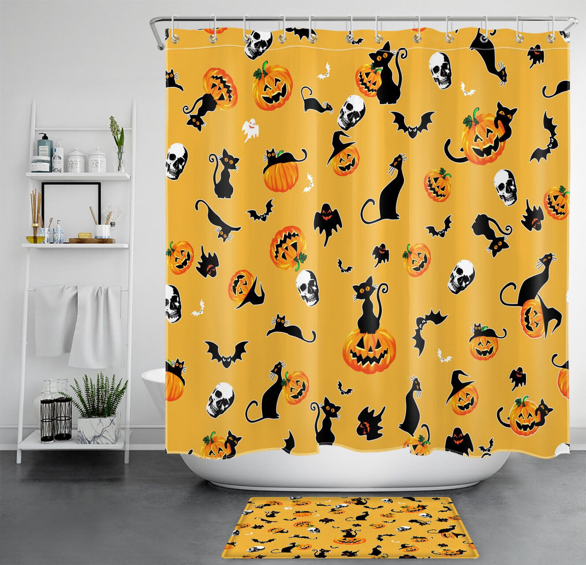 Inpercust Spooky Halloween Shower Curtain With Orange Pumpkin Skull And