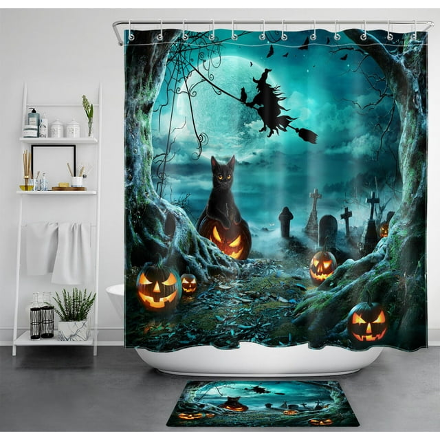 Inpercust Spooky Halloween Shower Curtain With Pumpkin Witch Cemetery