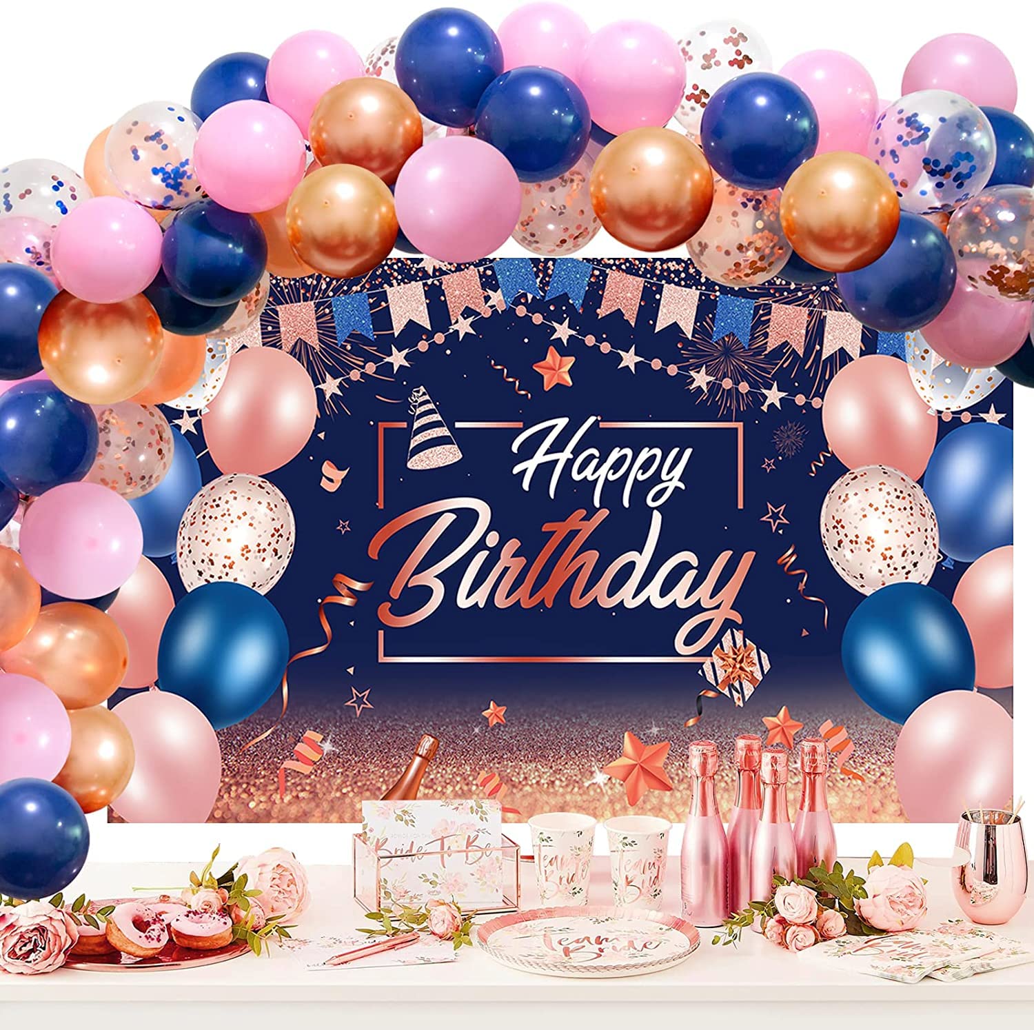 INPHER Happy Birthday Decorations Backdrop Rose and Navy Balloons 55 Pack Black Happy Birthday ...
