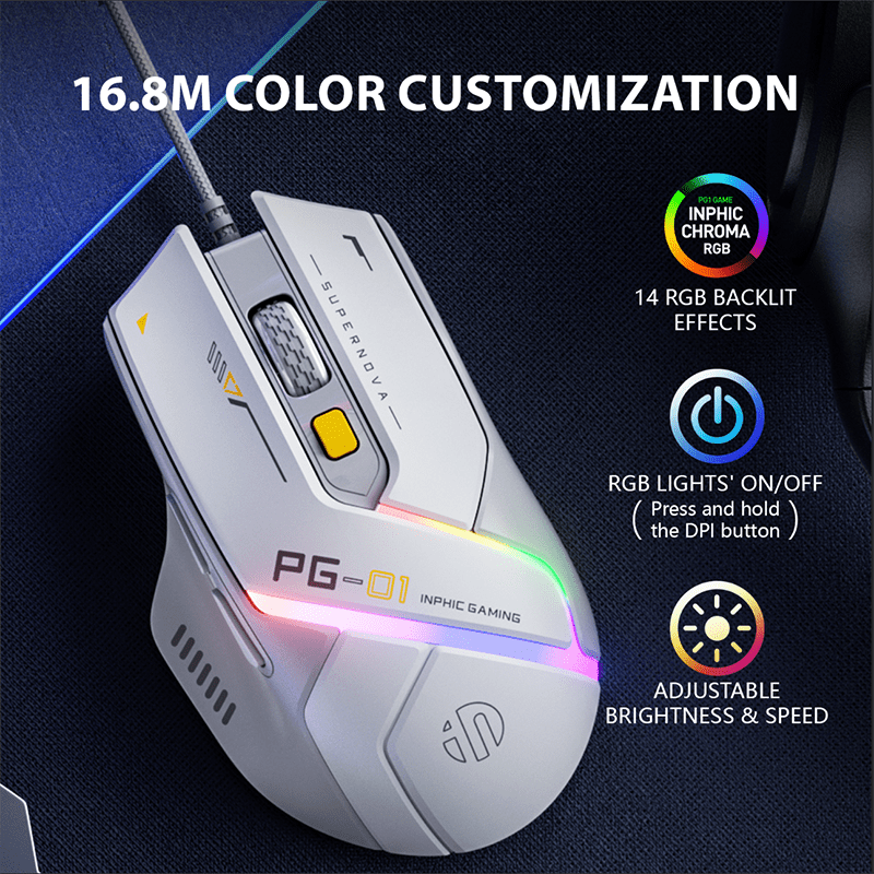 INPHIC PG1 Wired Gaming Mouse Ergonomic E-sports Macro Programming RGB ...