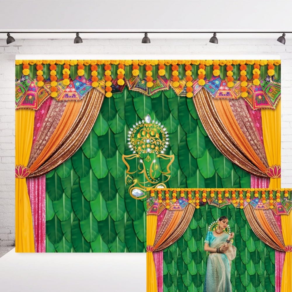 INRUI Indian Pooja Photography Background Green Banana Leaf Curtain ...