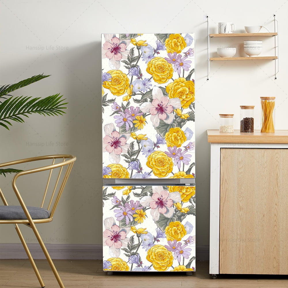 INS Flower Printed Fridge Door Mural Sticker Self Adhesive PVC Kitchen ...