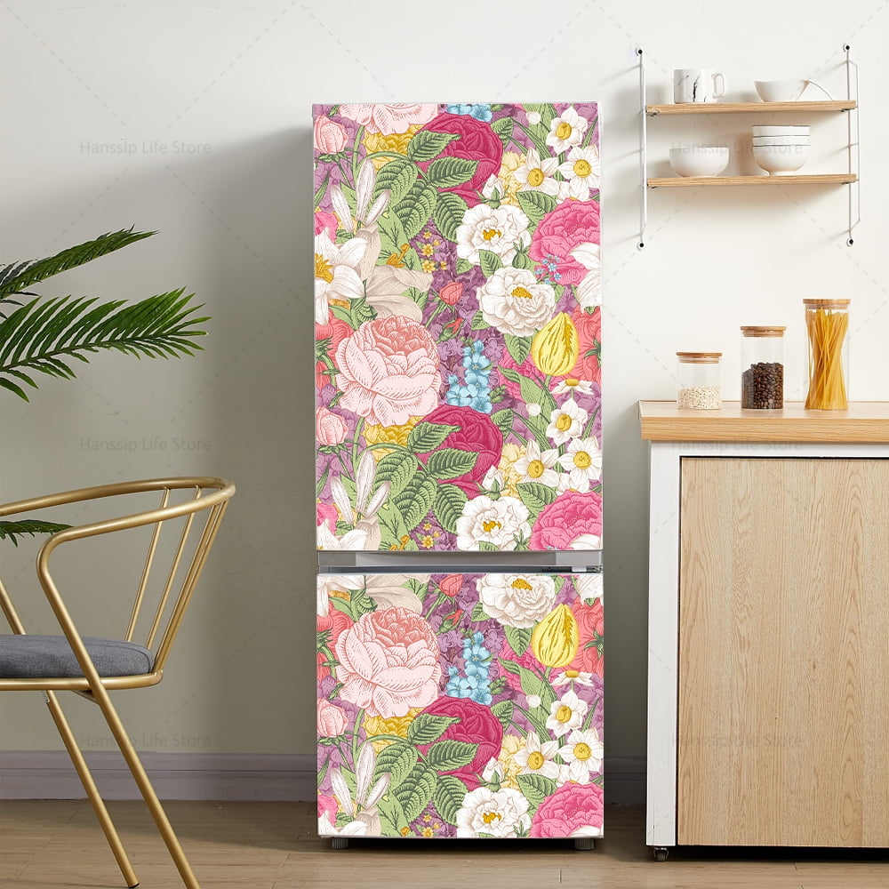 INS Flower Printed Fridge Door Mural Sticker Self Adhesive PVC Kitchen ...