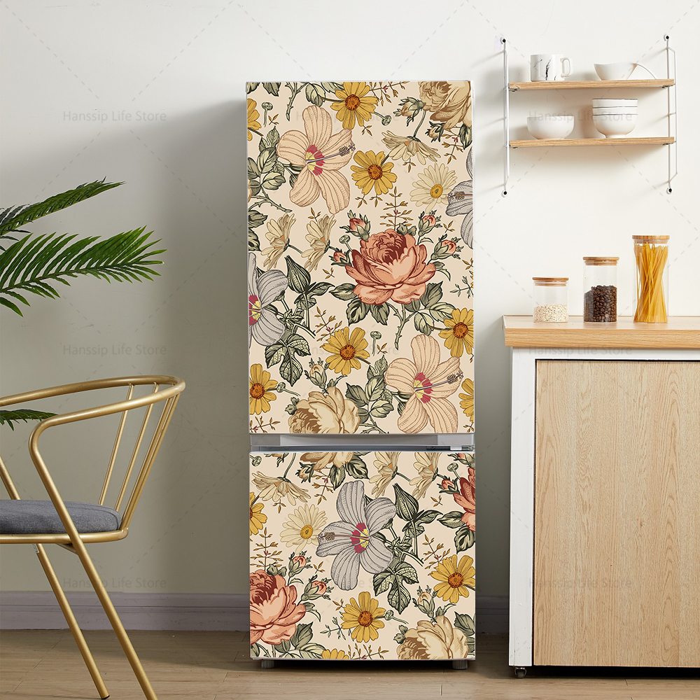 INS Flower Printed Fridge Door Mural Sticker Self Adhesive PVC Kitchen Wallpaper for ...