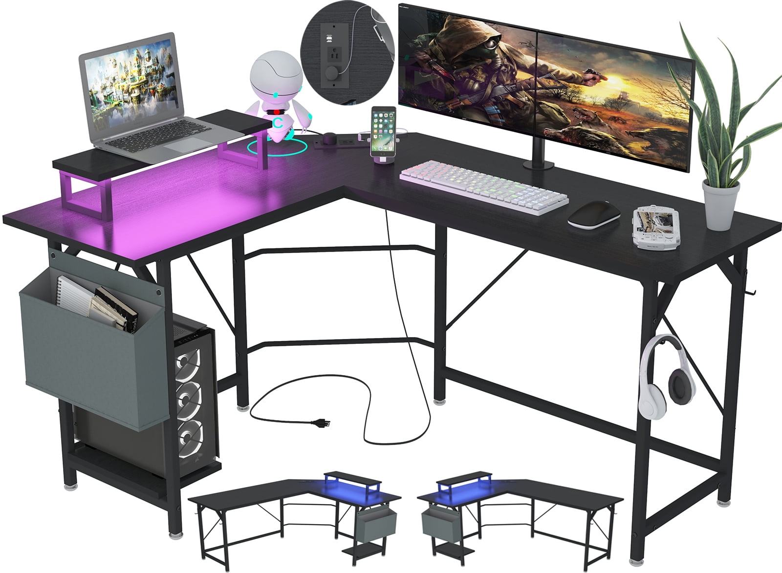INSDOW Gaming Desk with Monitor Stand and Power Outlets,l Shaped Desk ...