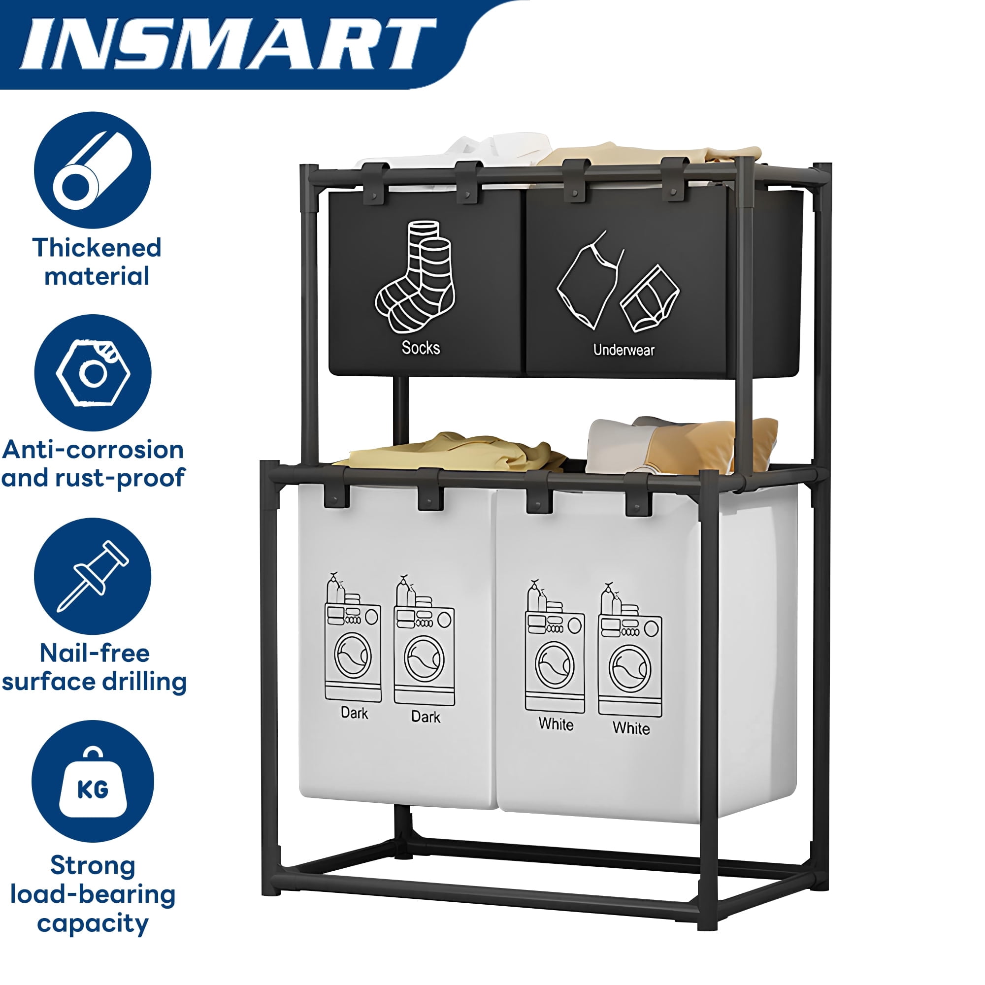 INSMART 2-Tier Laundry Hamper with Removable Bag - Foldable Clothes ...