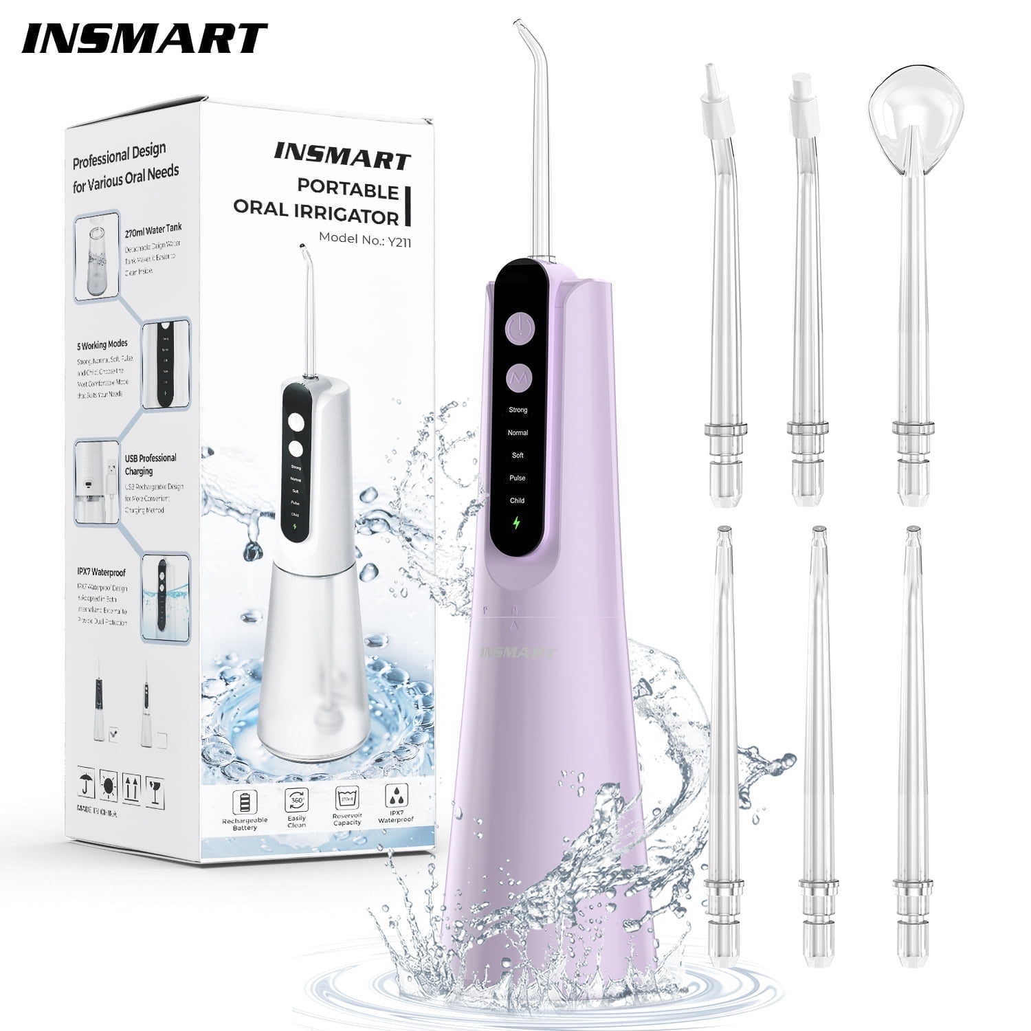 INSMART 270ML Cordless Water Flosser Dental Teeth Cleaner，Portable Oral ...