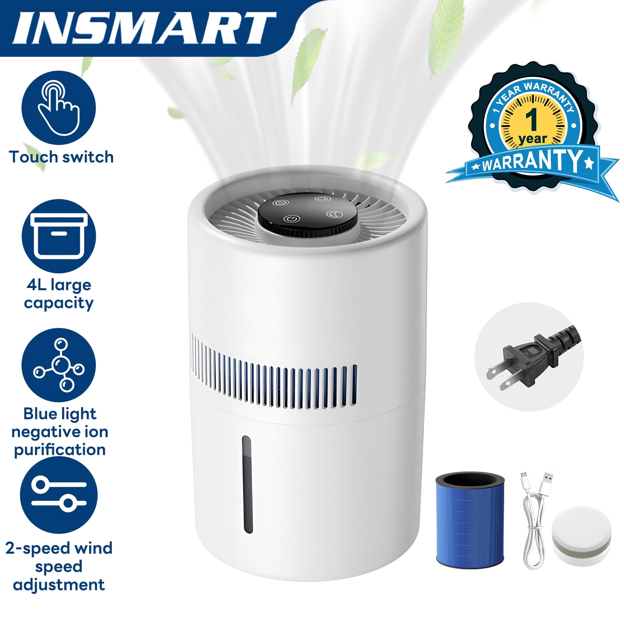 INSMART 4L Evaporative Humidifier with Blue Light Negative Ion, USB ...