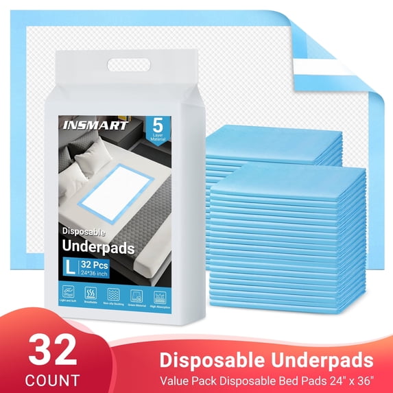 INSMART Bed Pads for Incontinence Disposable 24'' X 36'' , 32 Count ...