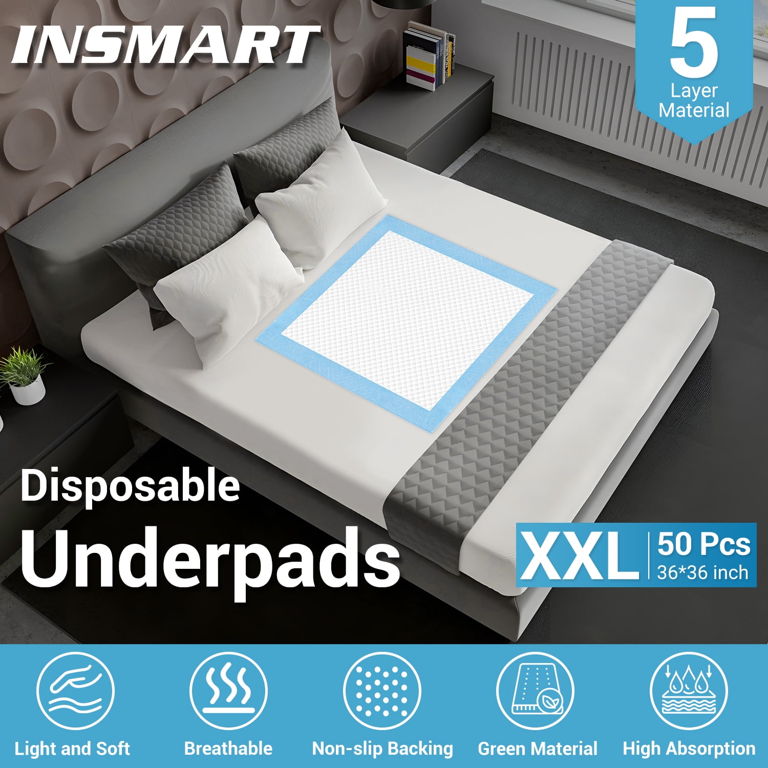 INSMART Bed Pads for Incontinence Disposable, 36" x 36", 50 Count ...
