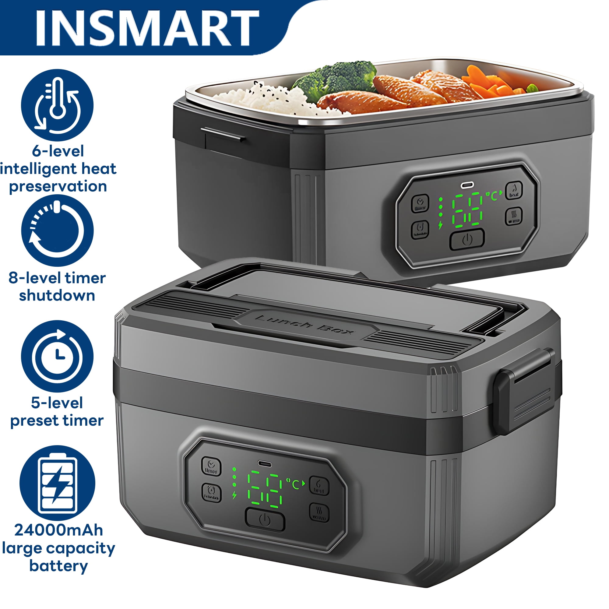 INSMART Cordless Electric Lunch Box,54 Oz(1600ml) Heated Lunch Box ...