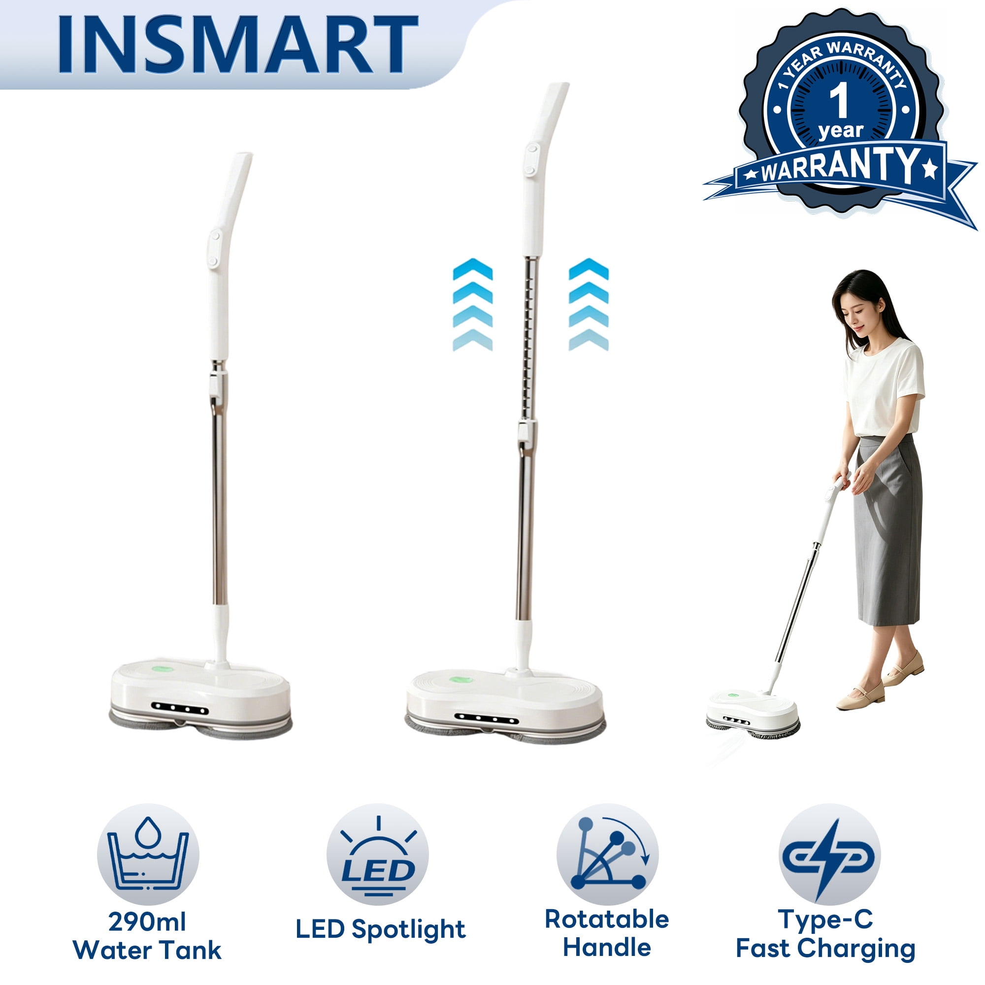 INSMART Cordless Electric Mop, Self-Propelled Floor Cleaner with LED ...