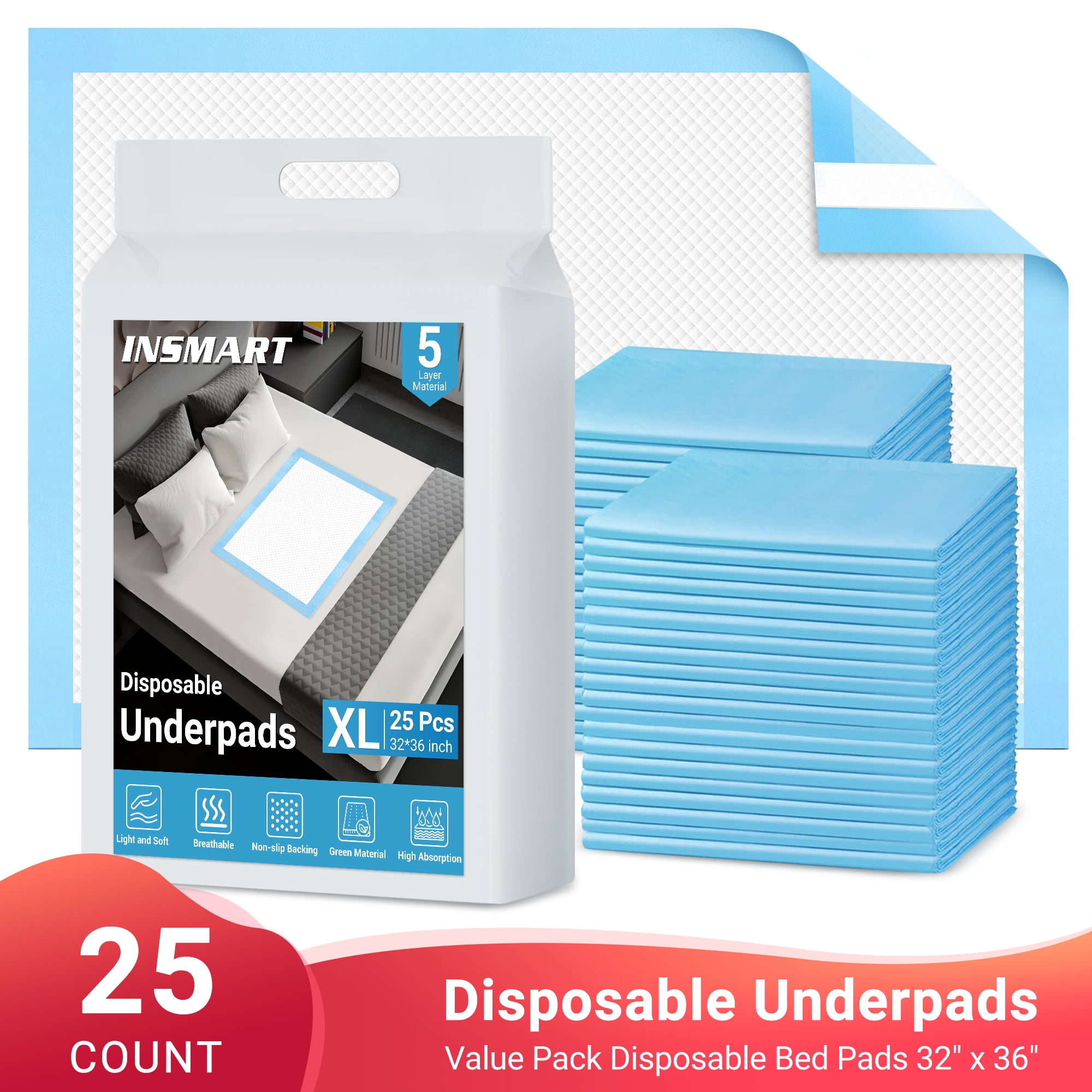 INSMART Disposable Underpads 32'' X 36'' , 25 Count Disposable ...