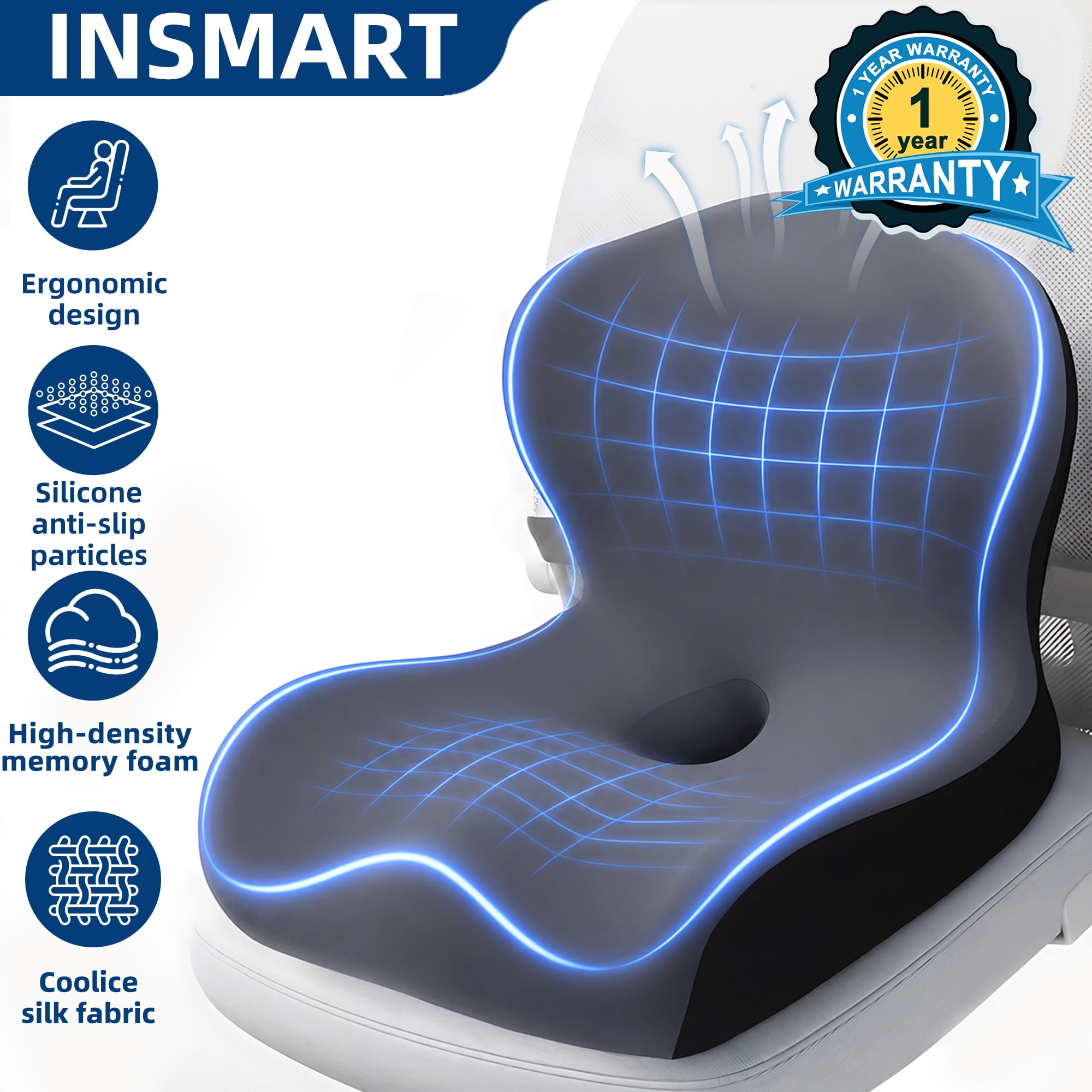 INSMART Ergonomic Seat Cushion with Lumbar Support - Memory Foam Pillow ...