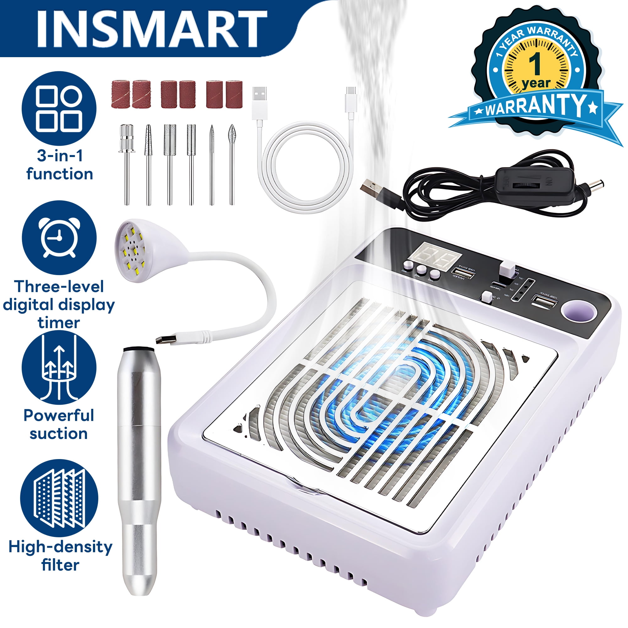 INSMART Nail Dust Collector, 3-in-1 3500RPM Vacuum Fan Dust Extractor ...